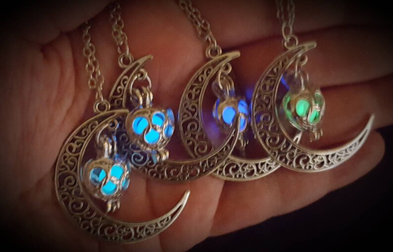 Crescent moon glow in the dark necklaces. Luminous necklaces | Etsy