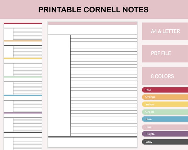 8 Pastel Colors of Printable Cornell Notes Available in 4 - Etsy Canada