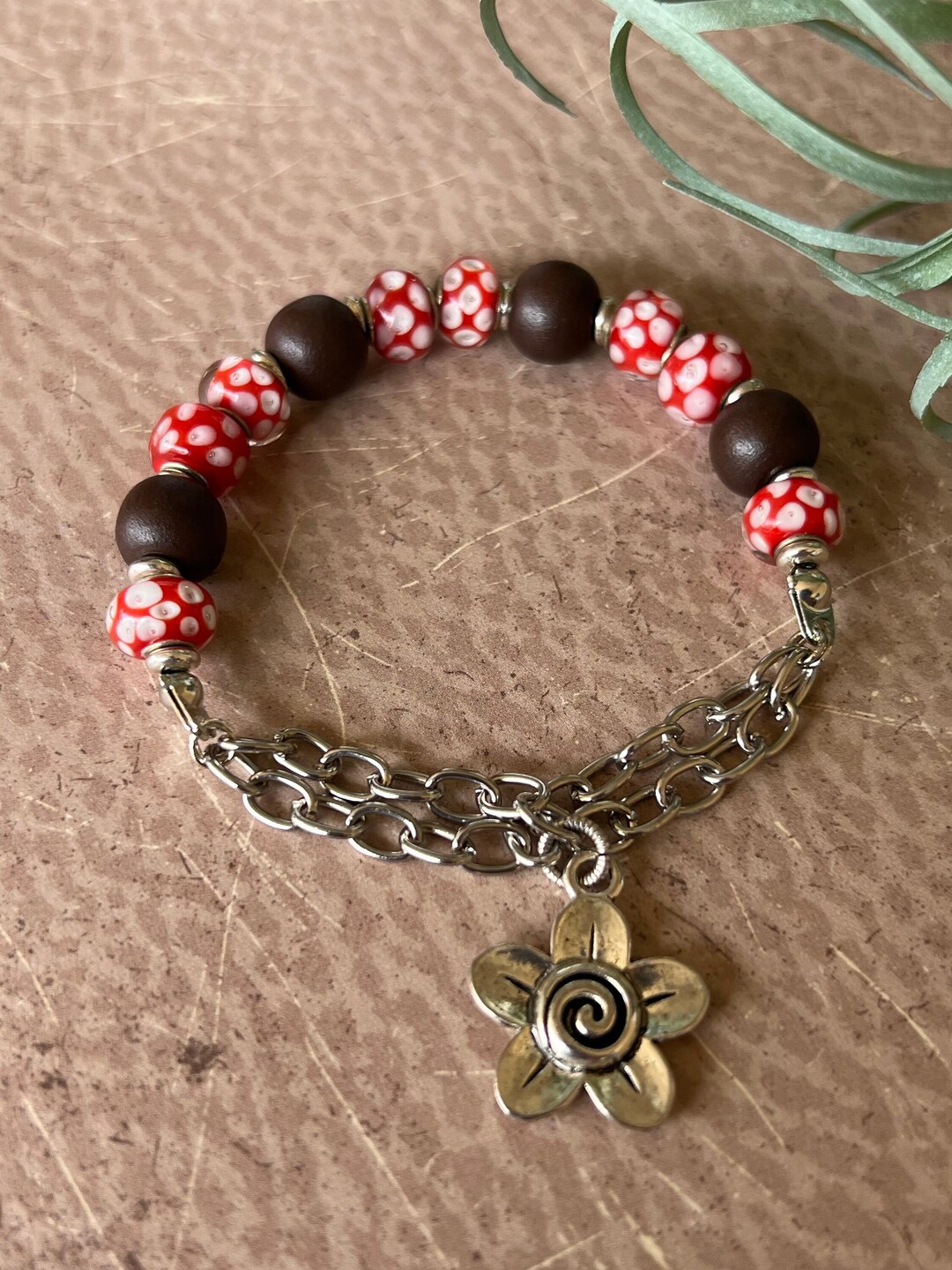 Red Polka Dot Glass and Brown Wood Stretch Bracelet With Double Silver ...