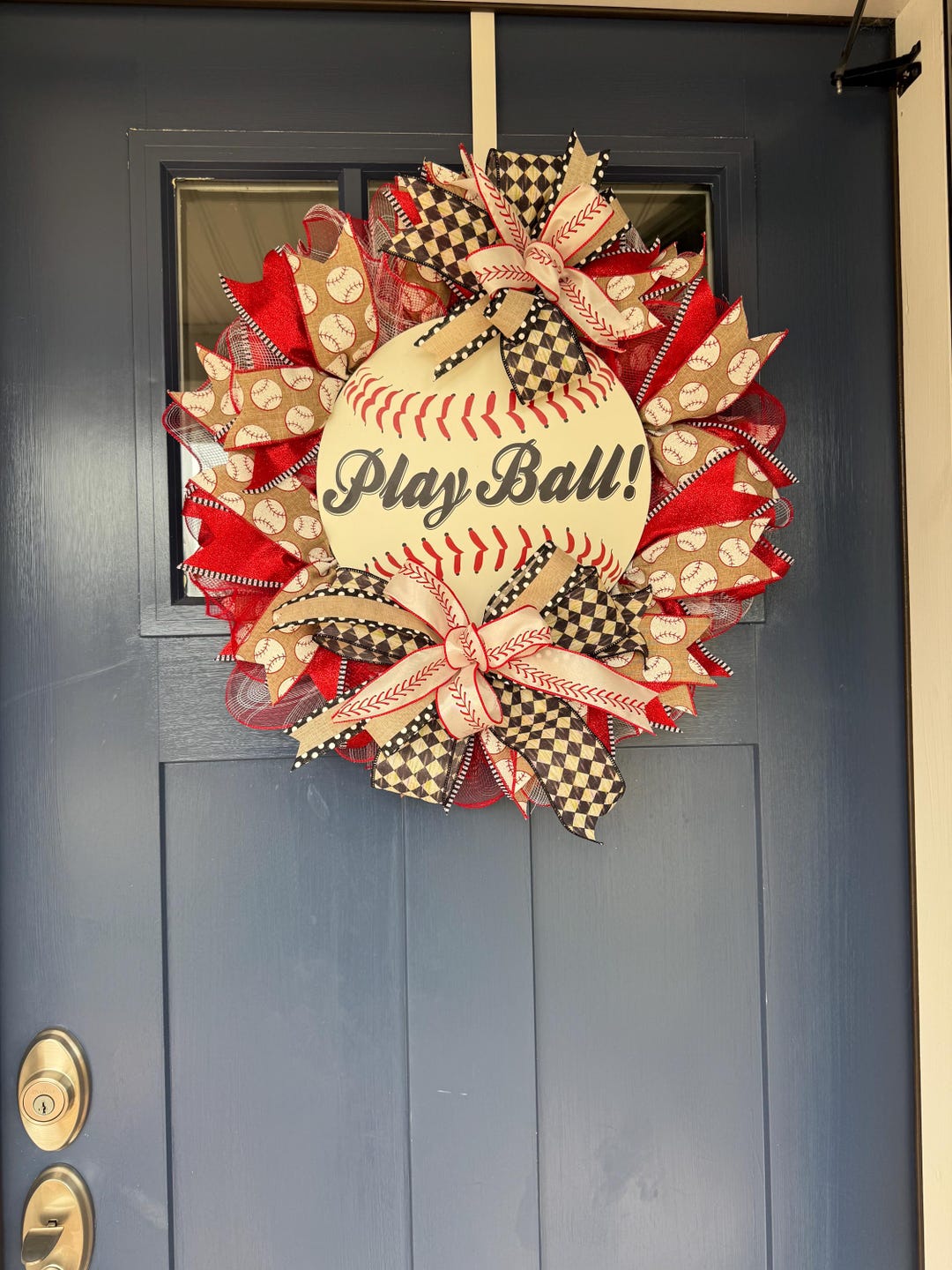 Baseball Themed Low Profile Mesh and Ribbons Wreath, Baseball Stitching ...