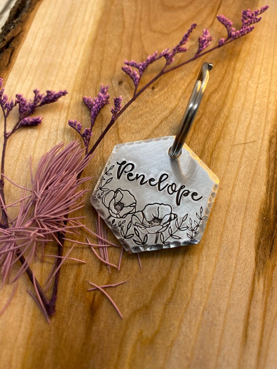 Poppy Dog Tag Hexagon Dog Tag Floral Pet Name Tag Hand - Etsy