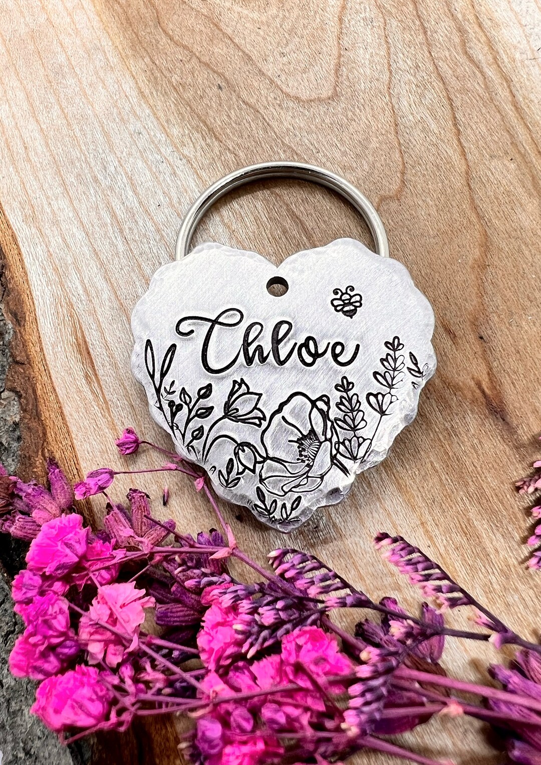 Heart Shaped Dog Tag: Floral Design, Poppy, Flowers, Bee, Personalized ...