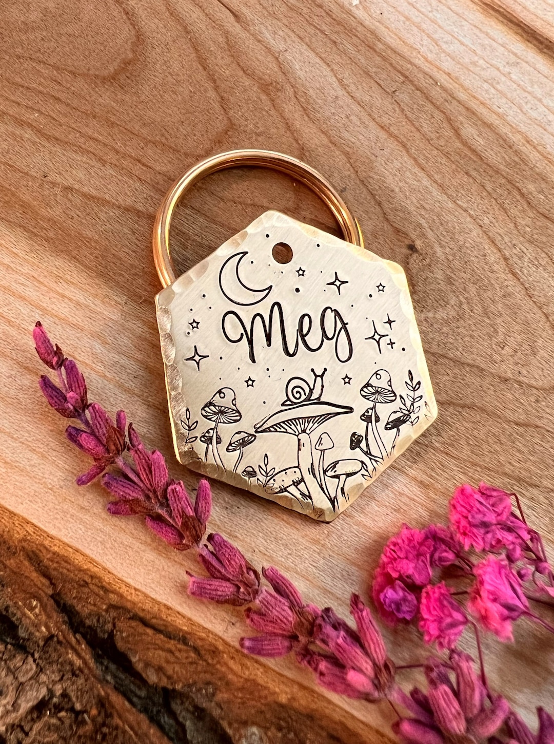 Snail Dog Tag: Mushroom Design, Night Sky, Crescent Moon, Stars ...
