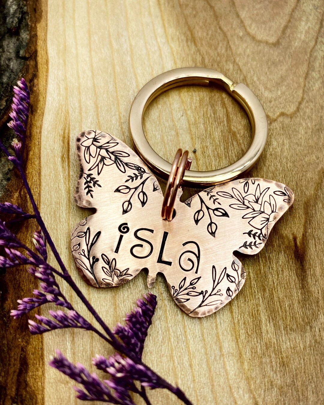 Butterfly Shaped Dog Tag: Wildflower Design, Vines, Butterflies, Buds ...