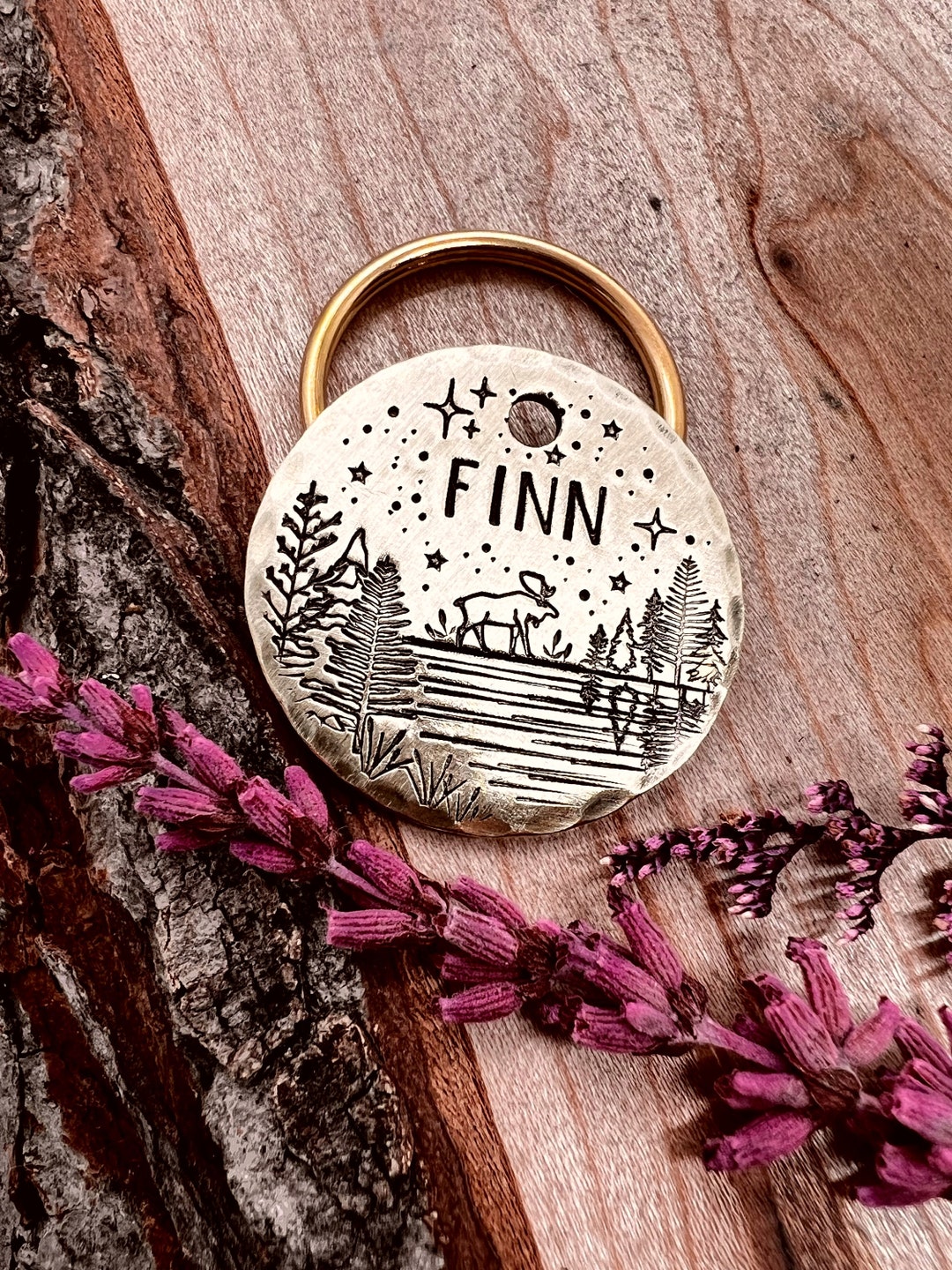 Moose Dog Tag: Lake Design, Forest, Trees, River, Stars, Night Sky ...