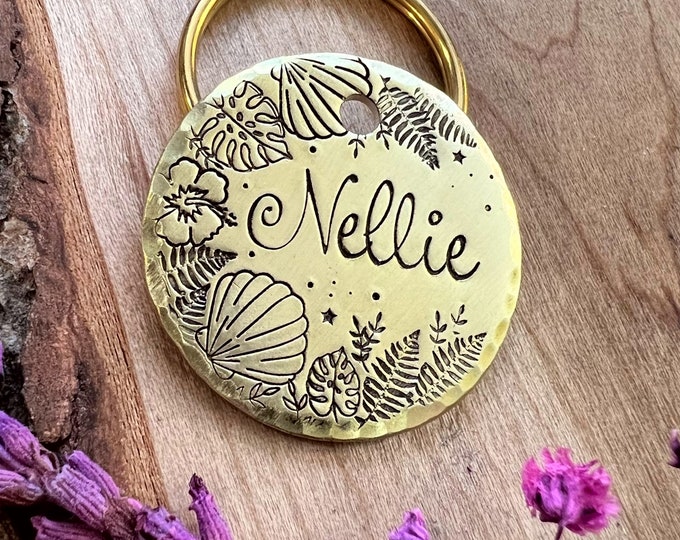 Pet ID Tag seashell Beach Monstera Dog Tag Dog Collar Tag Pet Name Tag ...