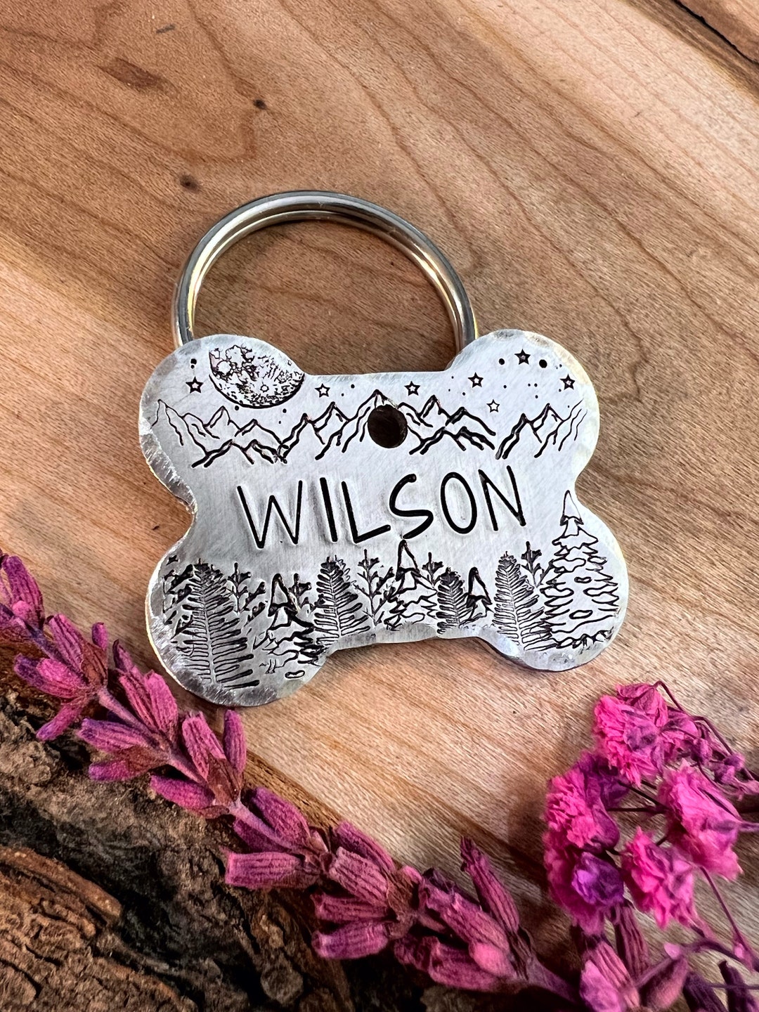 Bone Shaped Dog Tag: Mountain Design, Forest, Full Moon, Stars ...