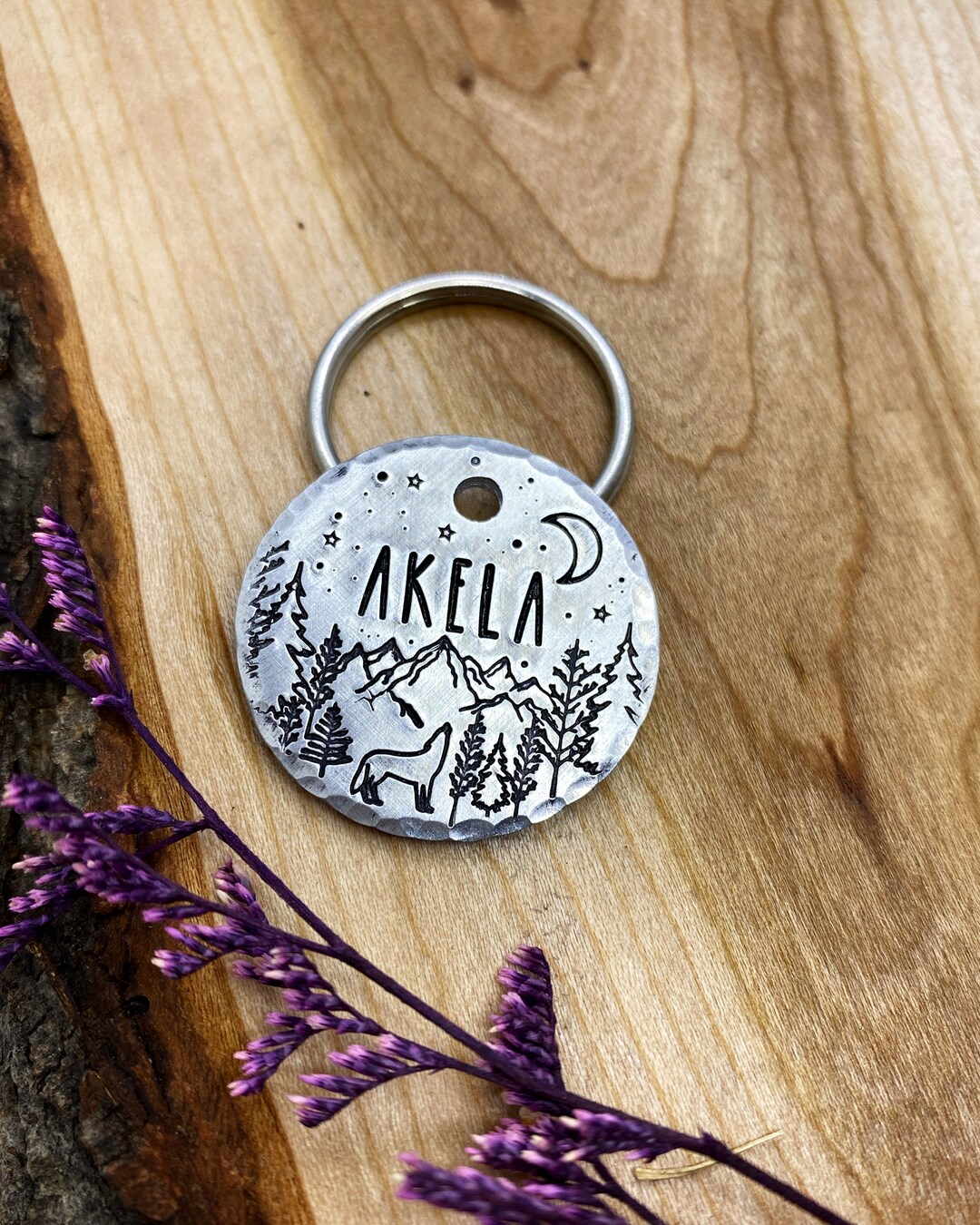 Howling Wolf Dog Tag: Mountain Design, Forest, Crescent Moon, Stars ...