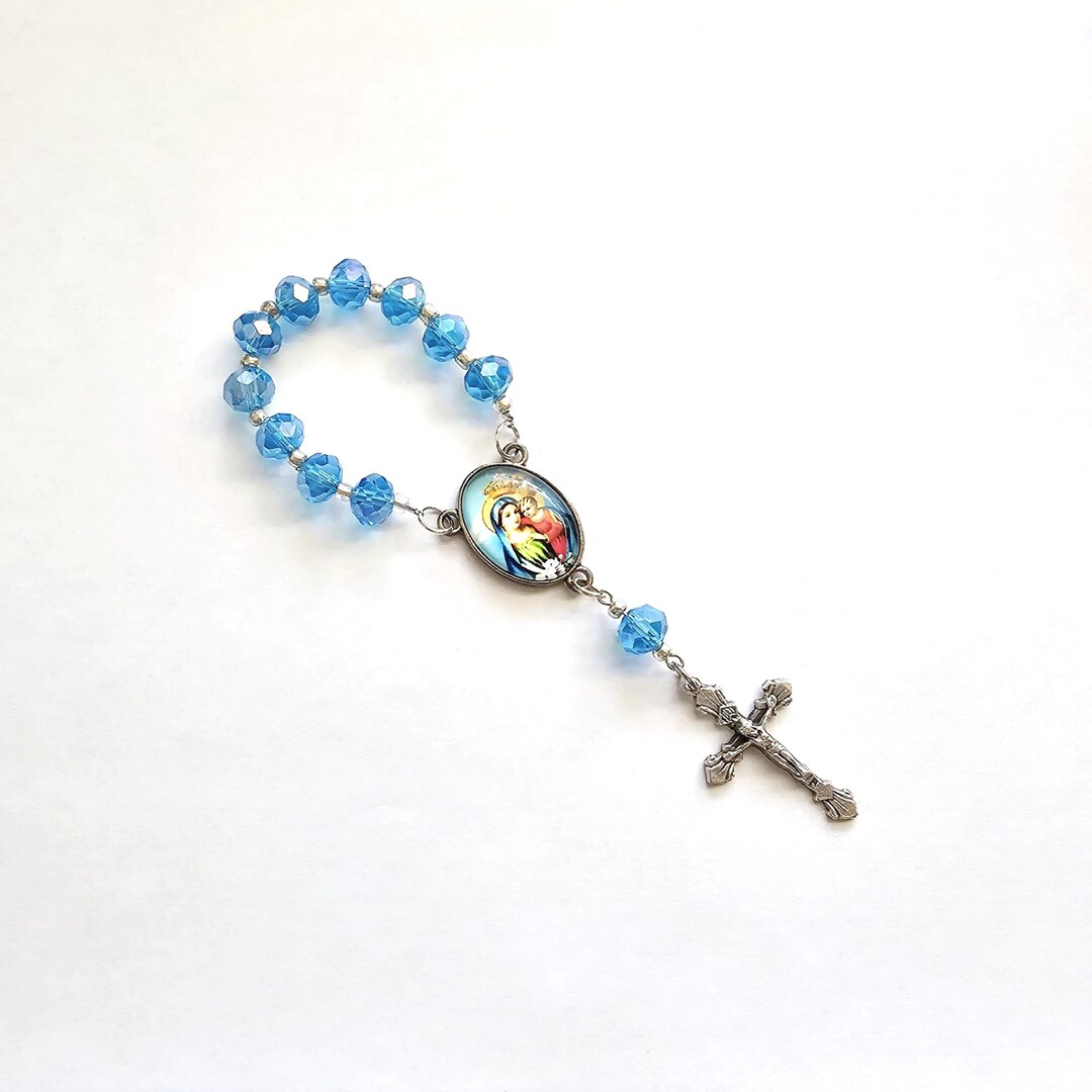 Blue Glass Beaded One Decade Miniature Rosary; Mini Rosary, Pocket ...