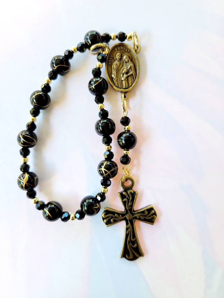 Beautiful Black and Gold Minature Rosary, Decade Rosary, Small Rosary ...
