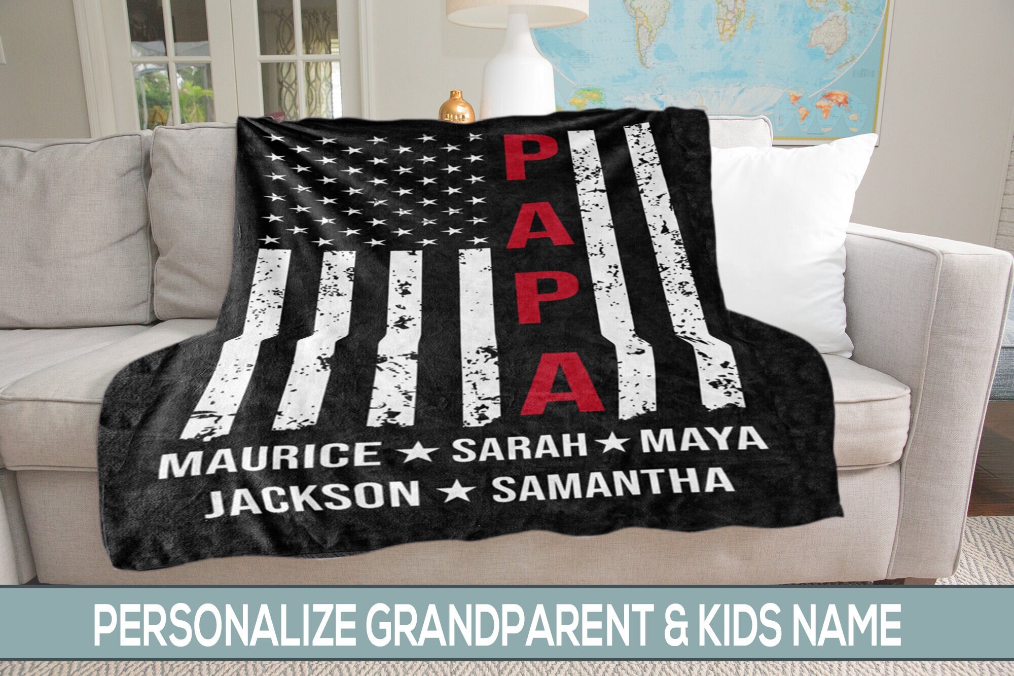 Personalized Gift for Papa Flag Blanket With Grandkid Names | Etsy