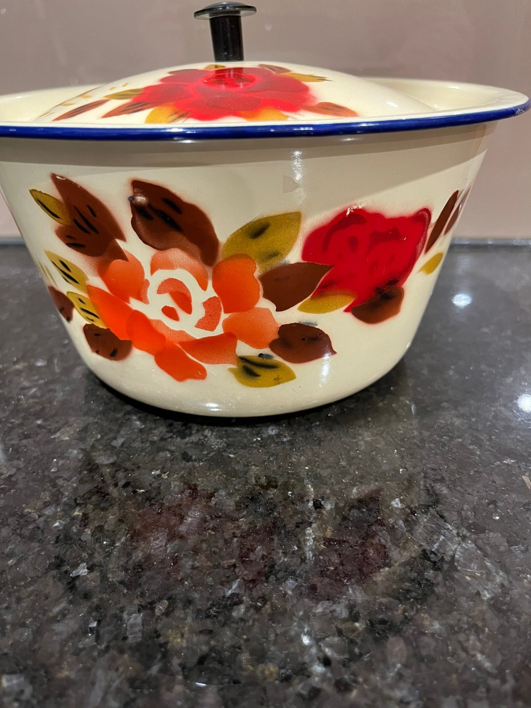 Vintage Swallow Brand Enamelware Pot With Floral Lid, 1970s Retro ...