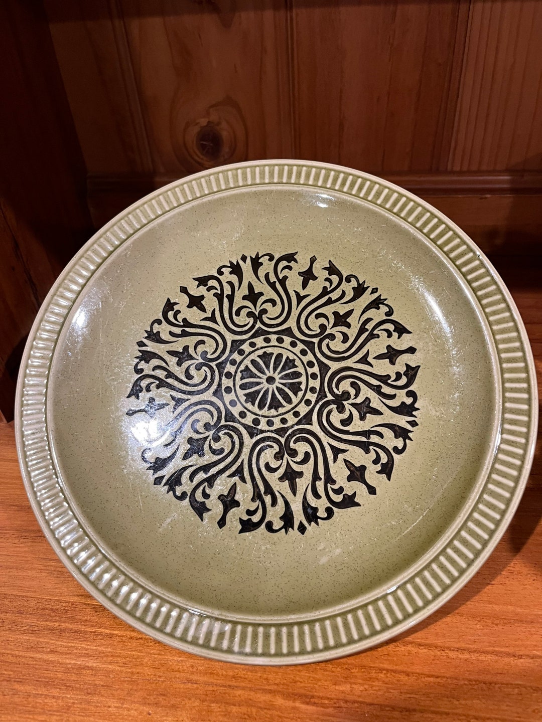 Vintage 1972 Three Castles Stoneware Dinner Plate: Green Scroll, Made ...