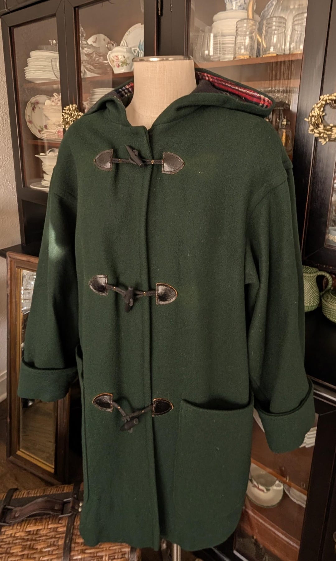 VTG Jonathan Michael Wool Green Coat Leather Toggles Plaid Lined Hood ...