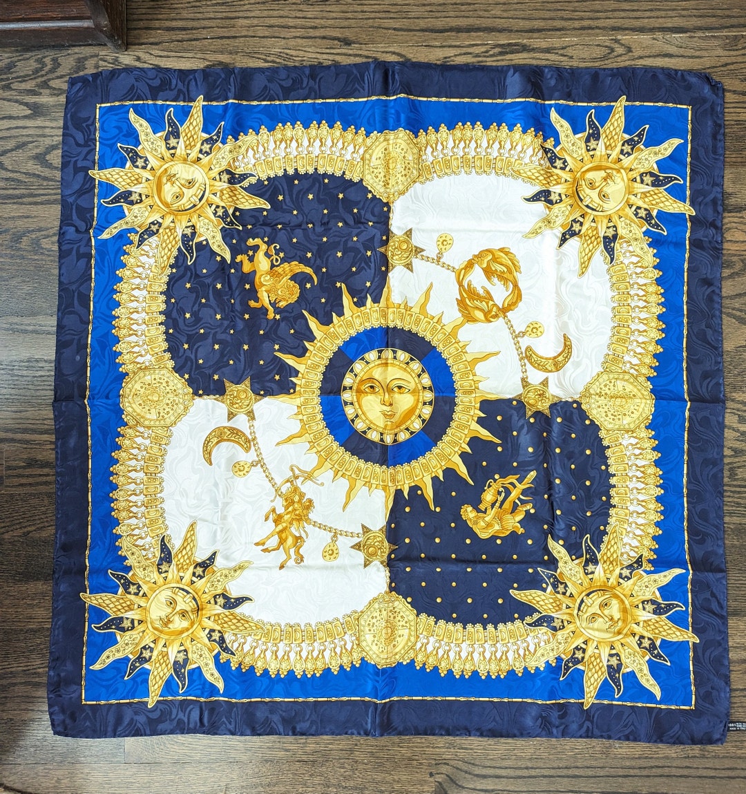 Vintage Italian Zodiac Signs Silk Scarf Golden Sun Blue Gold Cream 34in ...