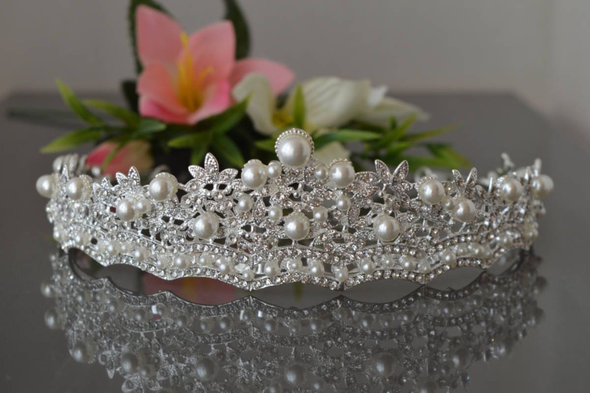 Pearl Tiara Diamante Tiara Leaf Pearl Wedding Tiara | Etsy