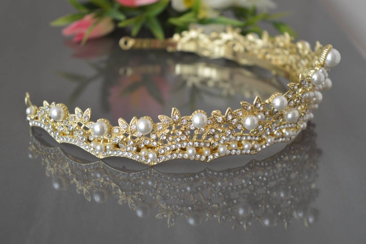 Pearl Tiara Diamante Tiara Leaf Pearl Wedding Tiara | Etsy