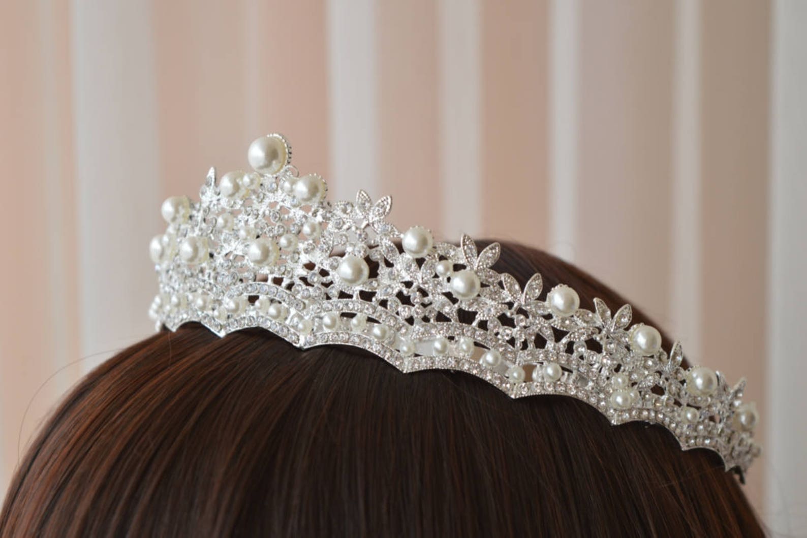 Pearl Tiara Diamante Tiara Leaf Pearl Wedding Tiara | Etsy