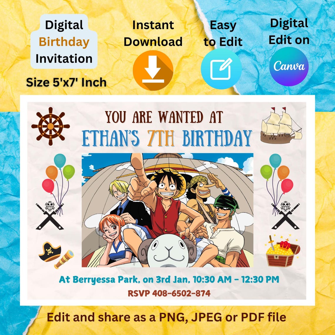 One Piece Birthday Invitation, Editable Birthday Invitation, Printable ...