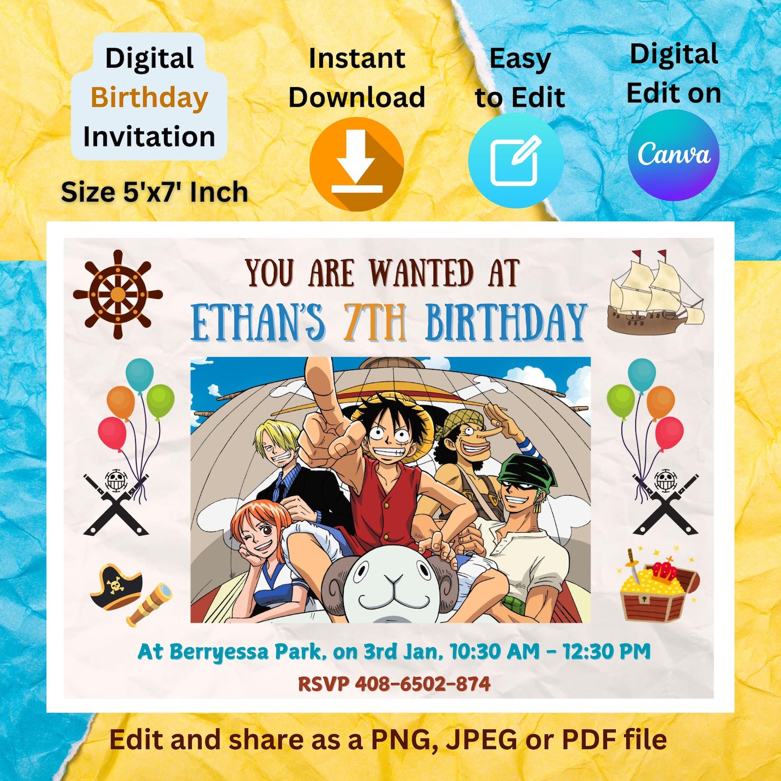 One Piece Birthday Invitation, Editable Birthday Invitation, Printable ...