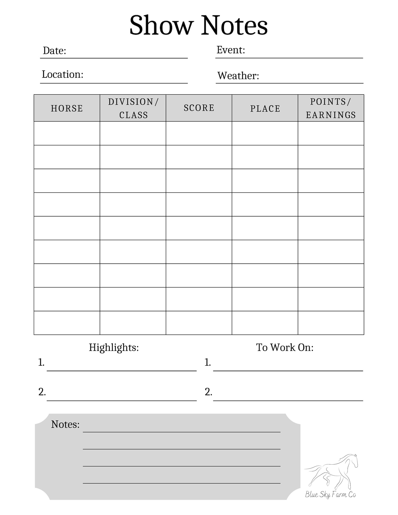 Equestrian Show Note Horse Riding Journal Printable Horse Show Log ...