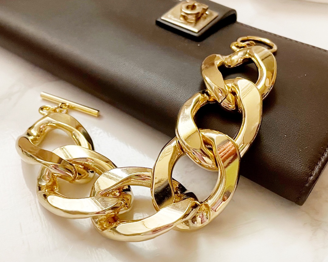 Bold Flat Gold Big Chain Bracelet, Super Bold Party Bracelet, Gold Link ...