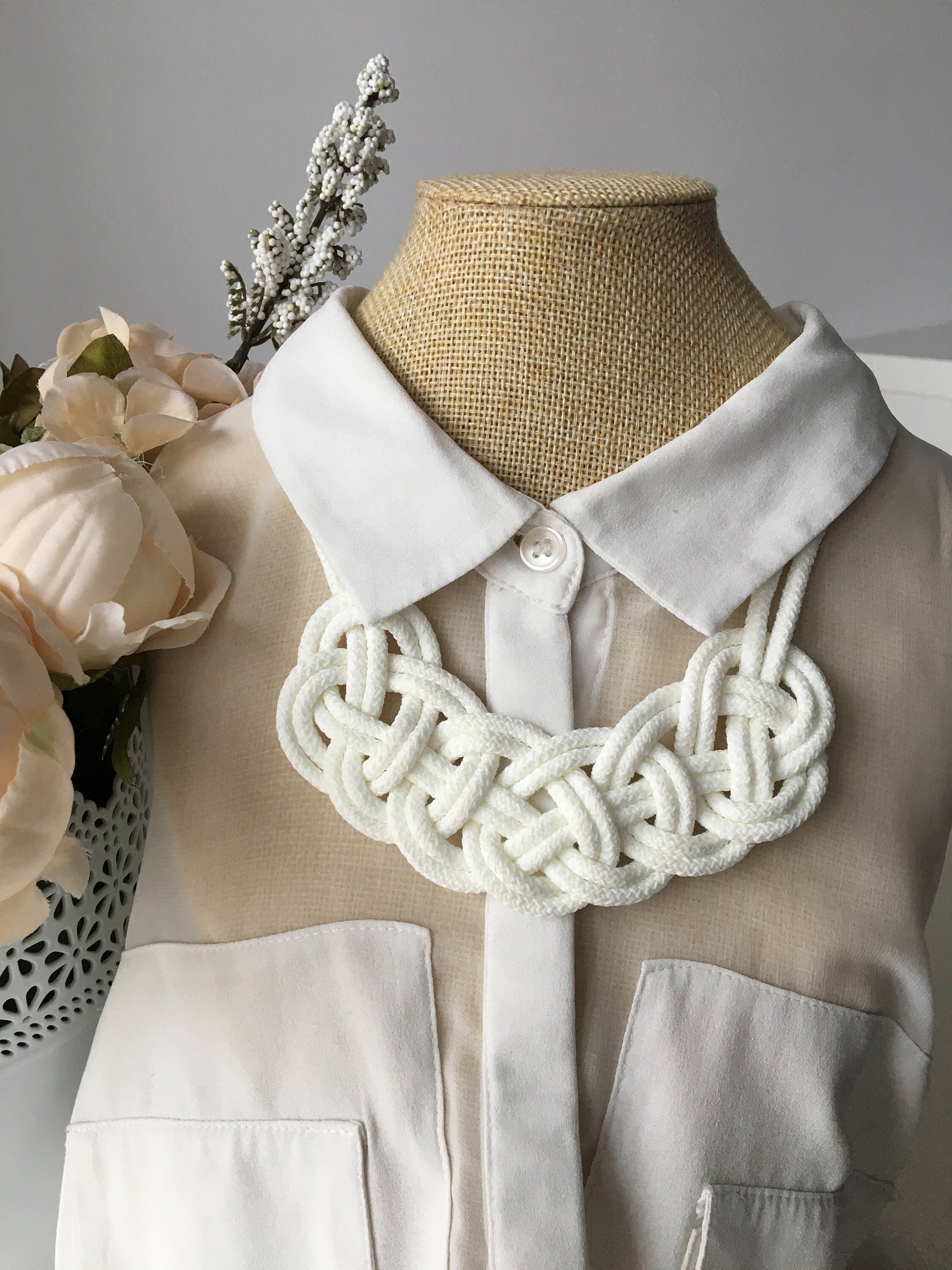 White Rope Necklace White Knot Necklace Bib Necklace Nautical Necklace ...