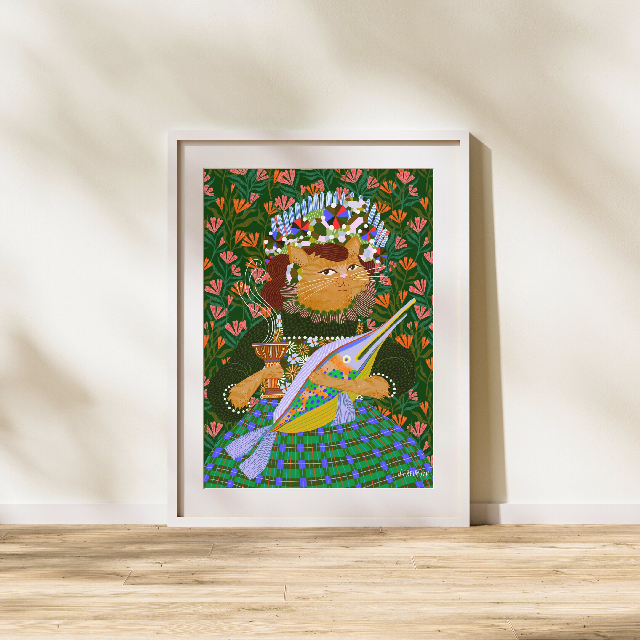 Cat Lady Lillian With a Fish Floral Portrait 18 X 24 Art Print - Etsy