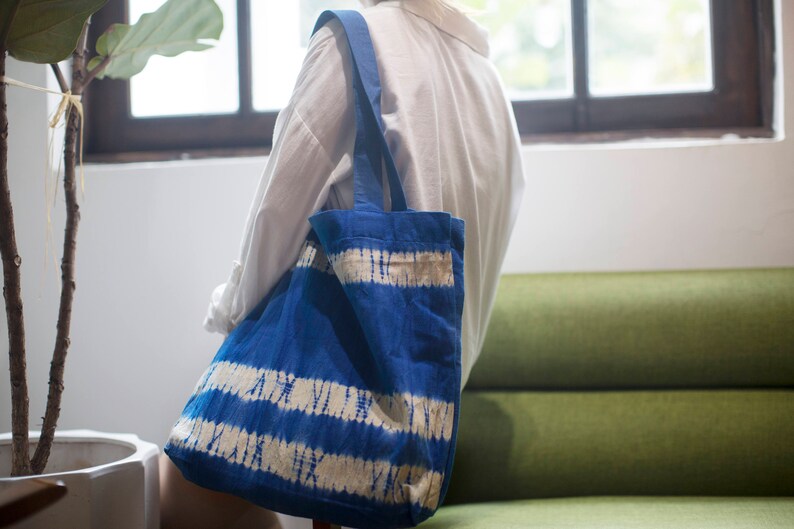 Indigo Tie Dye Cotton Tote Bag Stripe Handmade Shoulder | Etsy