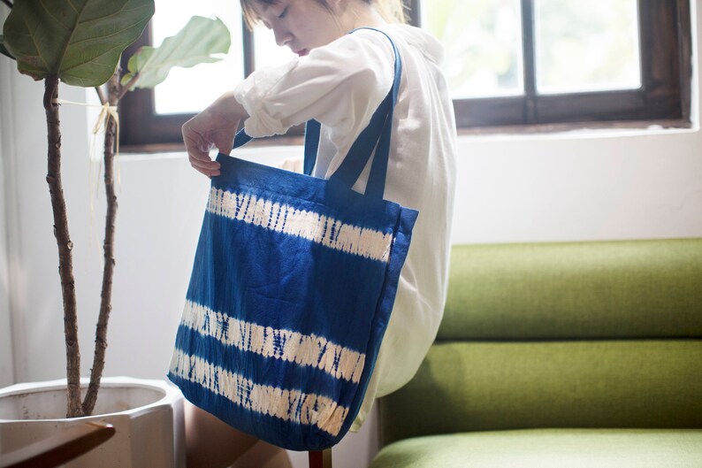 Indigo Tie Dye Cotton Tote Bag Stripe Handmade Shoulder | Etsy