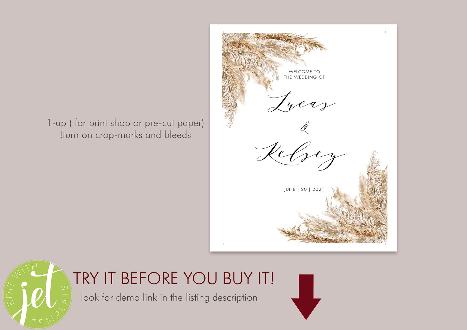 Printable Welcome Sign, Boho Welcome Sign, Wedding Welcome Sign, Pampas ...