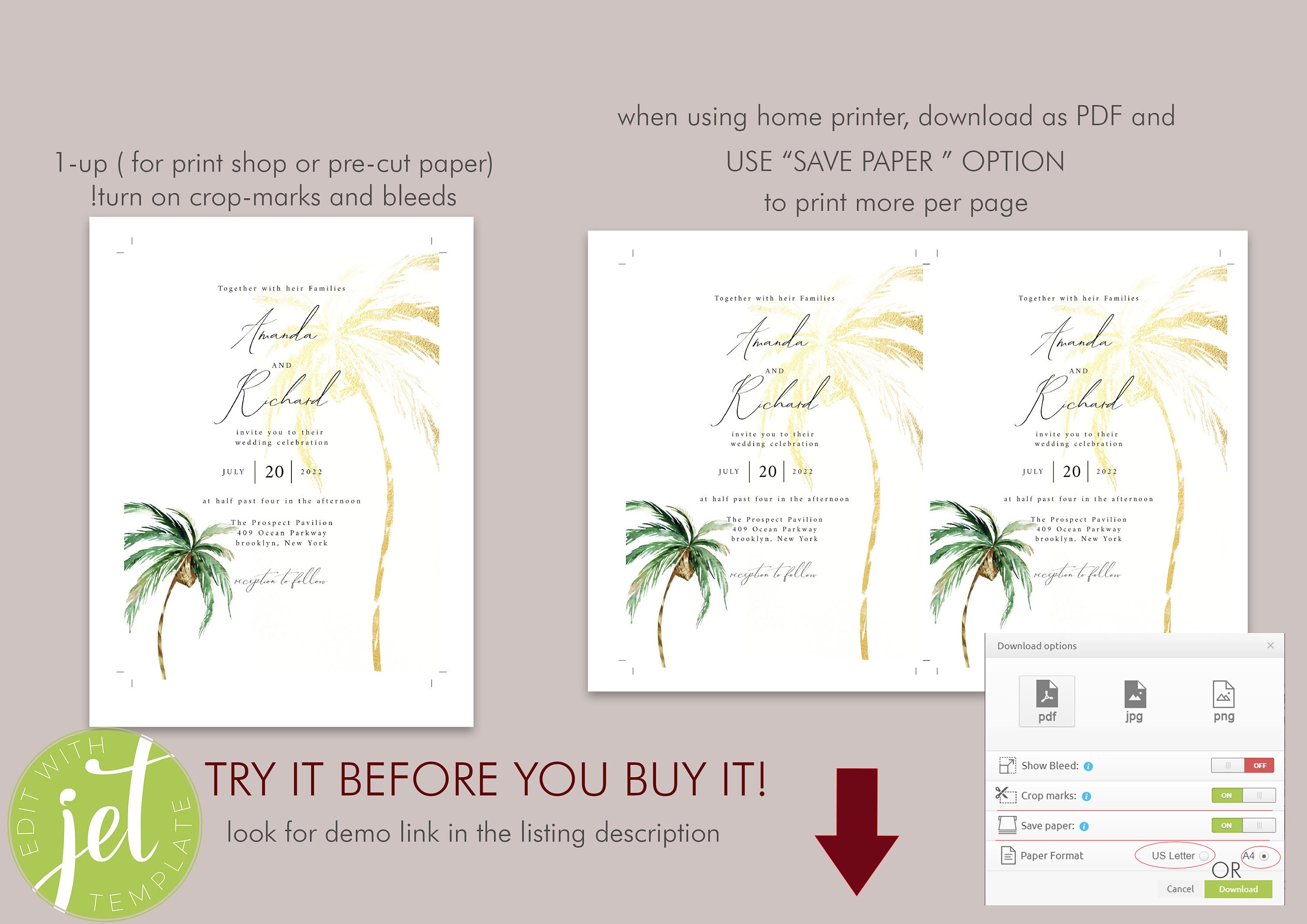 Palm Tree Wedding Invitation Template Tropical Wedding - Etsy