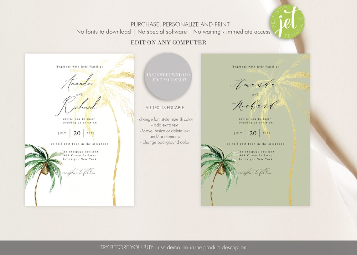 Palm Tree Wedding Invitation Template Tropical Wedding - Etsy