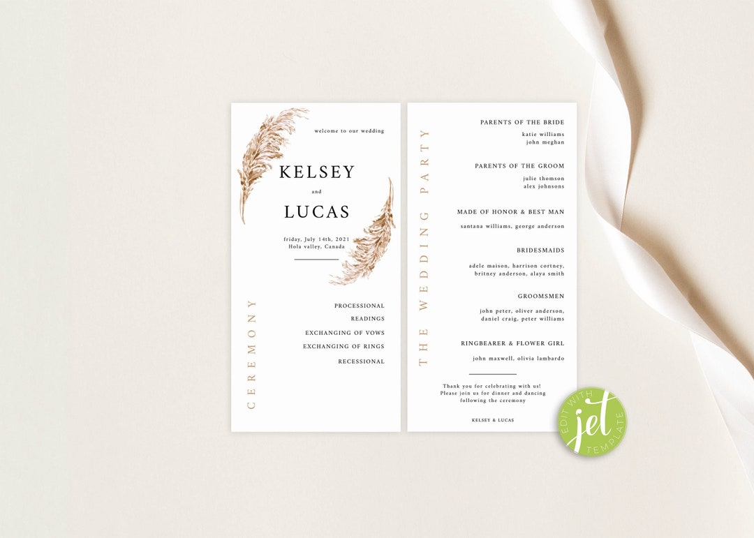 Pampas Grass Wedding Program Template, Boho Wedding Ceremony Programs, Editable Wedding Program ...