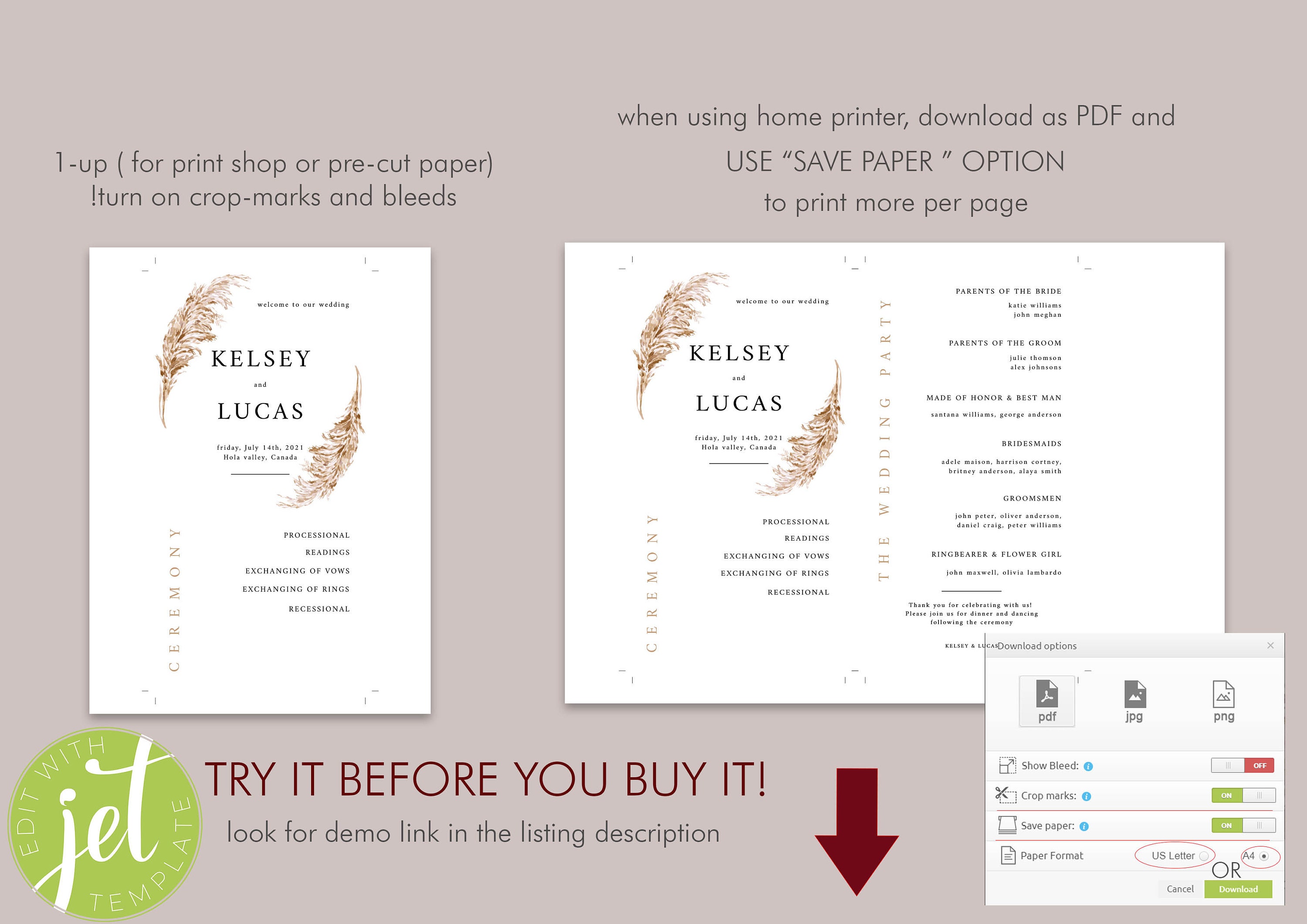 Pampas Grass Wedding Program Template, Boho Wedding Ceremony Programs, Editable Wedding Program ...