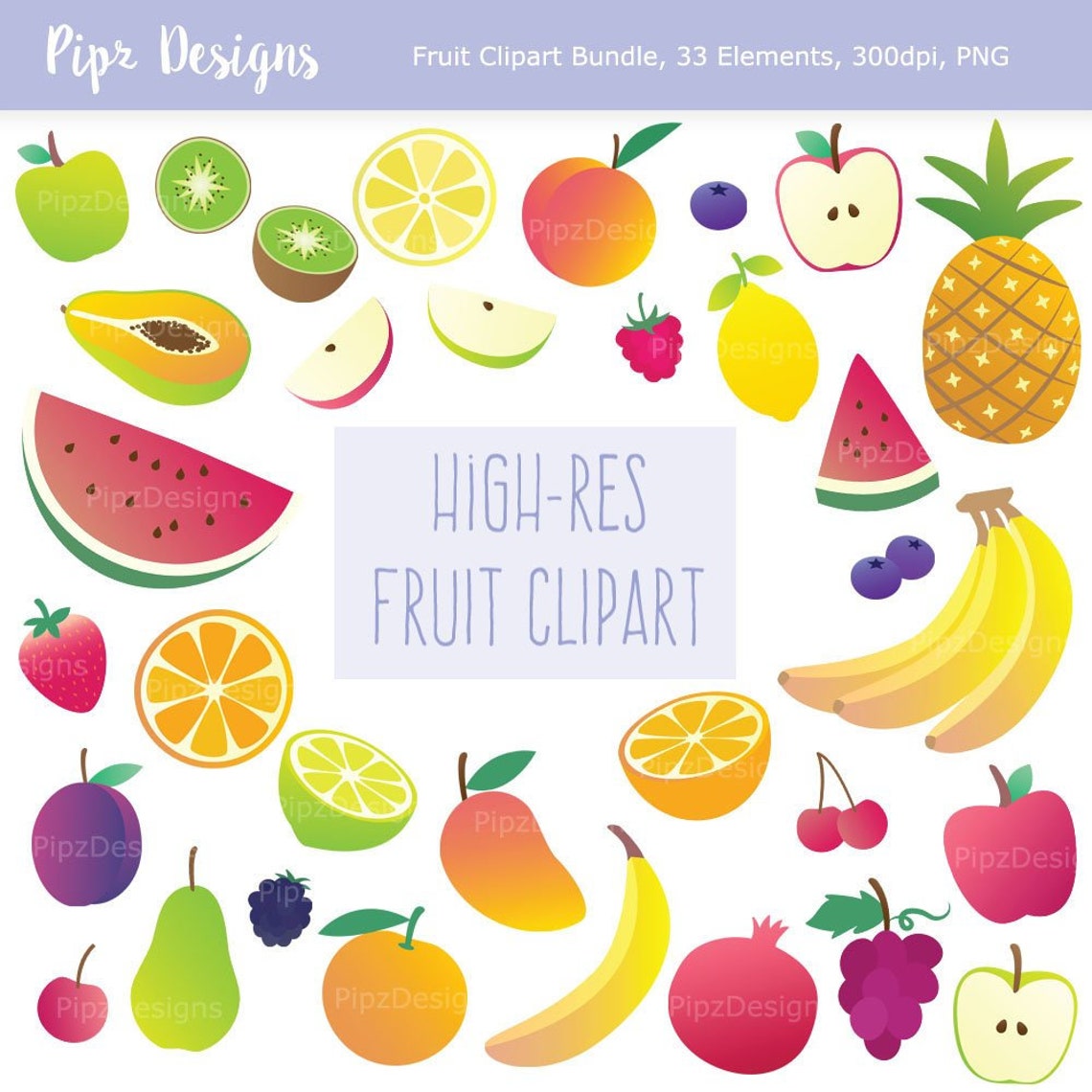 Fruit Clipart Bundle 33 Clip Art Elements of Apples, Bananas, Berries ...