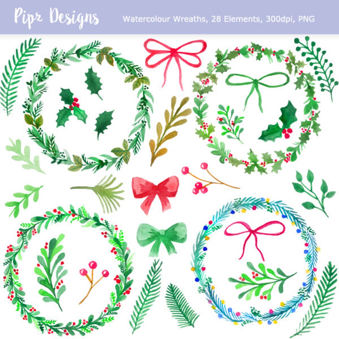 Christmas Wreath Clipart Watercolor Christmas Clip Art, Festive Holly ...
