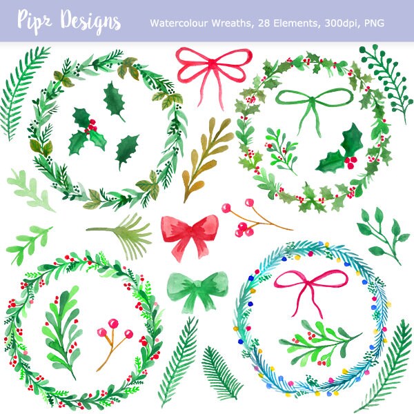 Christmas Wreath Clipart Watercolor Christmas Clip Art, Festive Holly ...