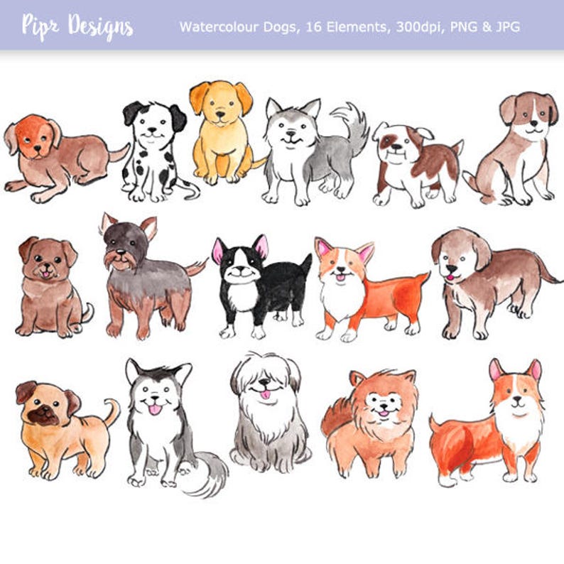 Watercolor Dogs and Puppies clipart. Cute printable clip art | Etsy