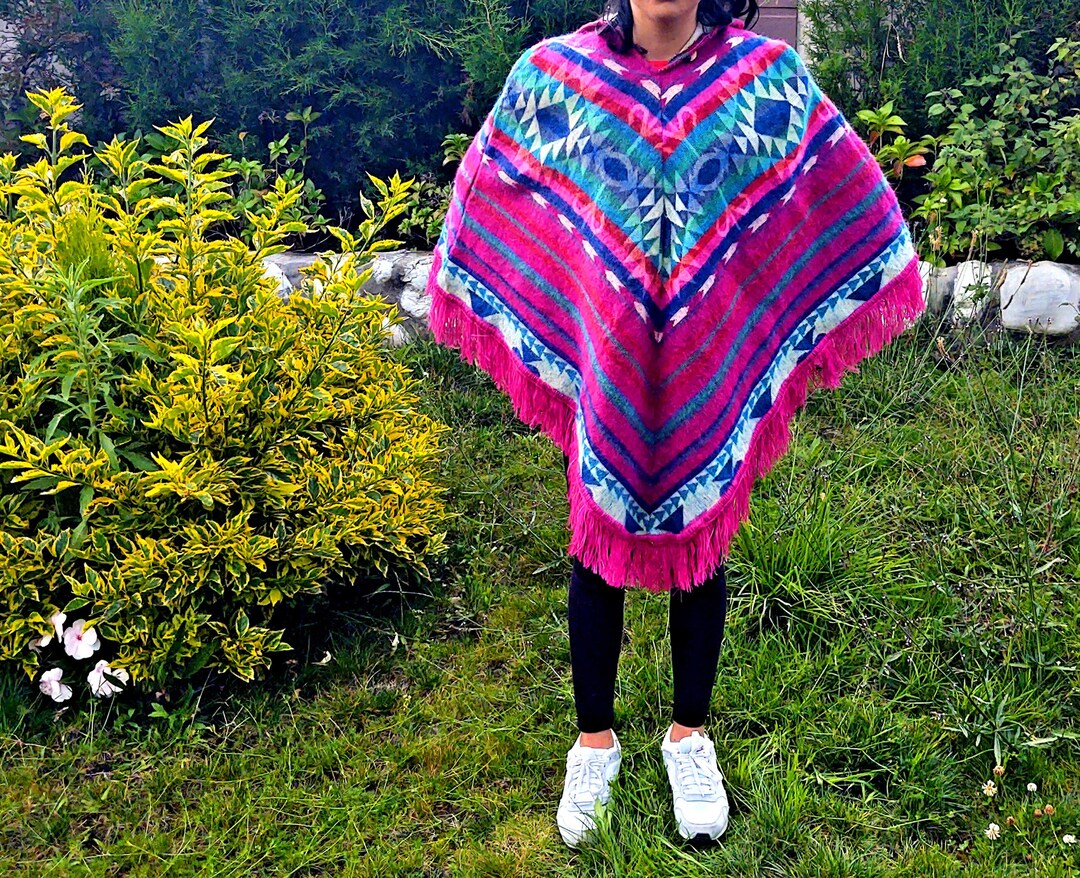Native American Cape With Fringes Colorful Woman's Poncho Hooded Alpaca ...