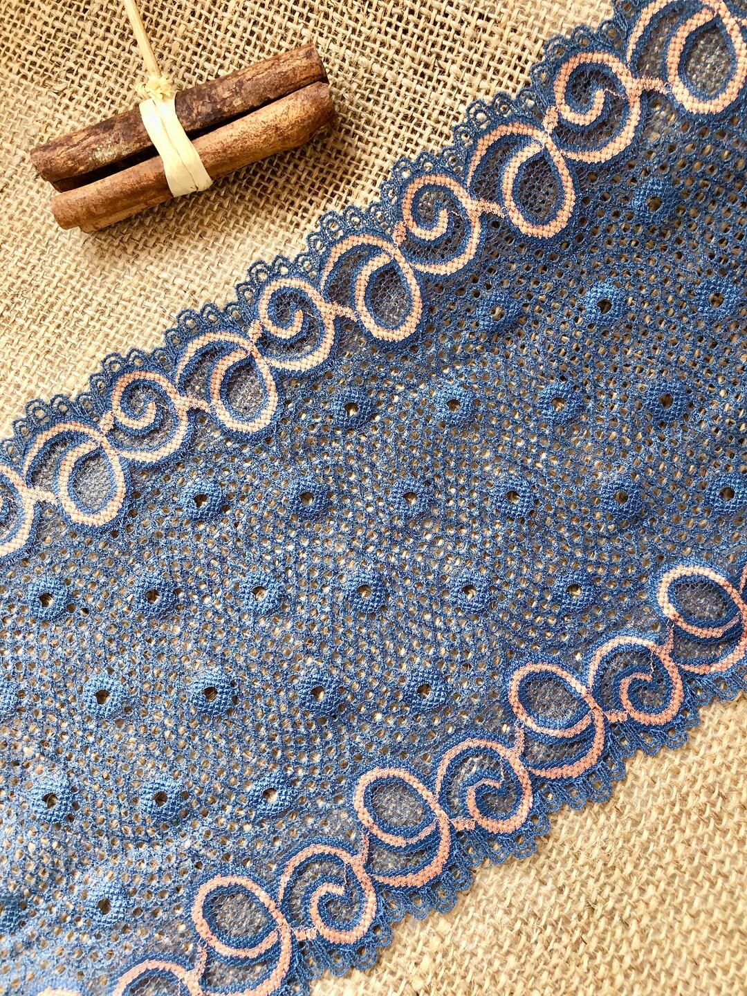 The Lace Co. Soft Stretch Petrol Blue/orange Two-tone Lace Trim 17cm/6. ...