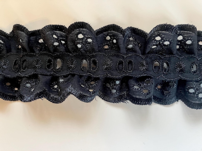 The Lace Co. Black Lace Broderie Anglaise Slot Double Gathered Ruffled ...