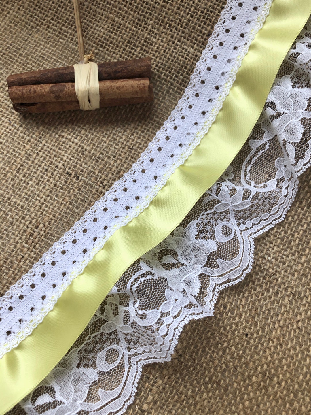 The Lace Co. Gorgeous White & Lemon 3 Tier Gathered Frilled Lace With ...