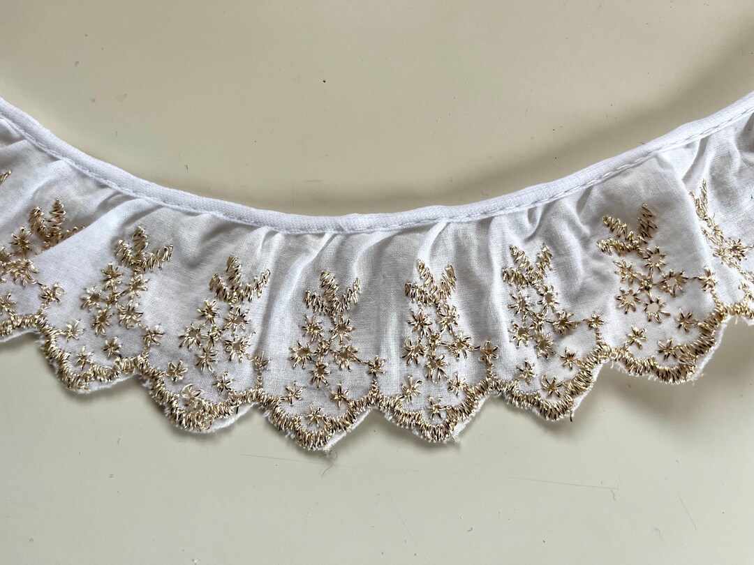 The Lace Co. White/gold Embroidered Lace Broderie Anglaise Gathered ...
