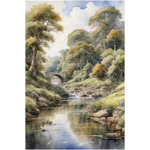 River Landscape Watercolor, Stone Bridge Painting, Romantic Riverscape ...