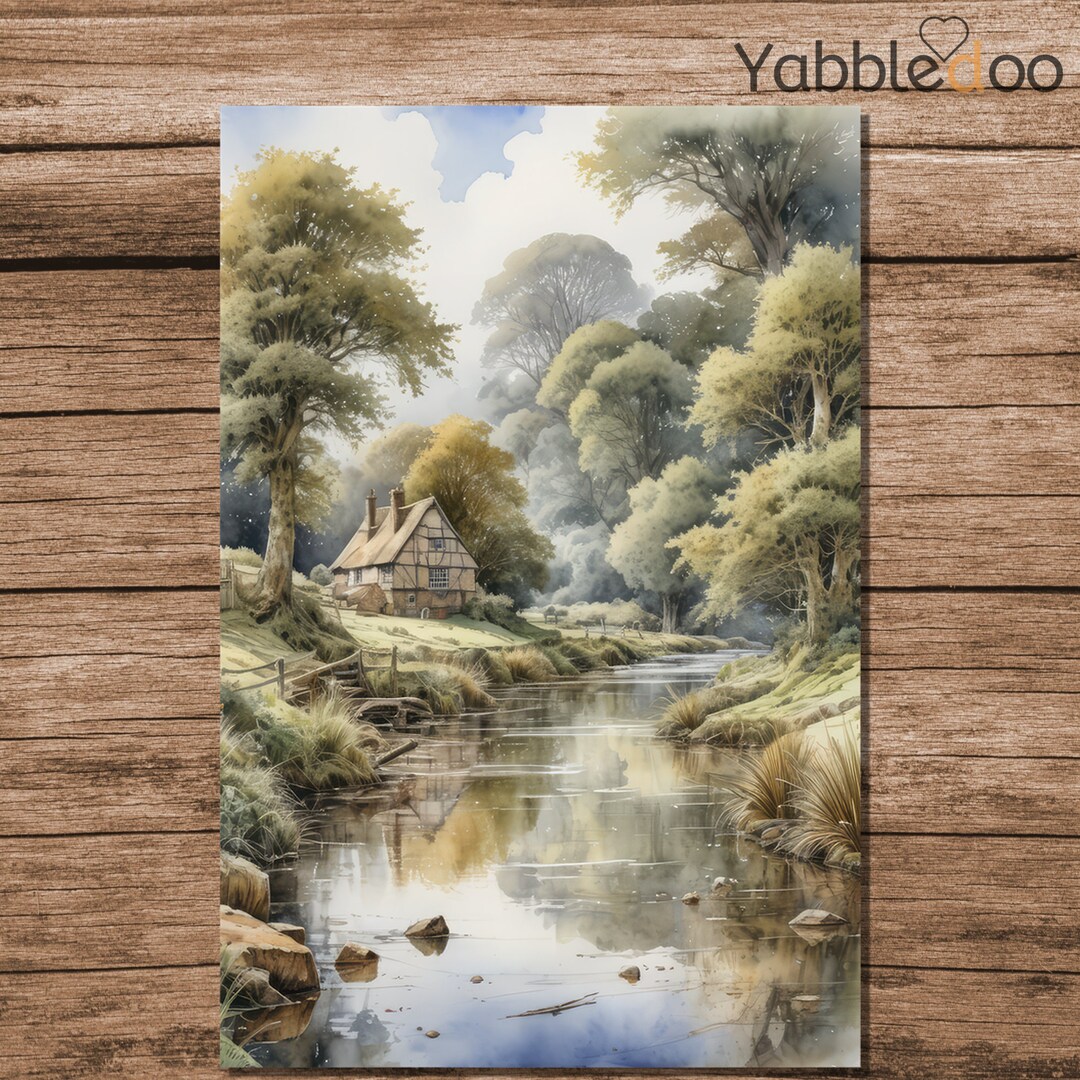 River Landscape Watercolor, Cottage Painting, Romantic Riverscape ...