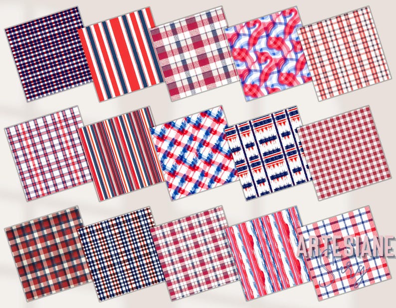 30 Patriotic Gingham & Plaid Digital Papers, Red White Blue USA ...