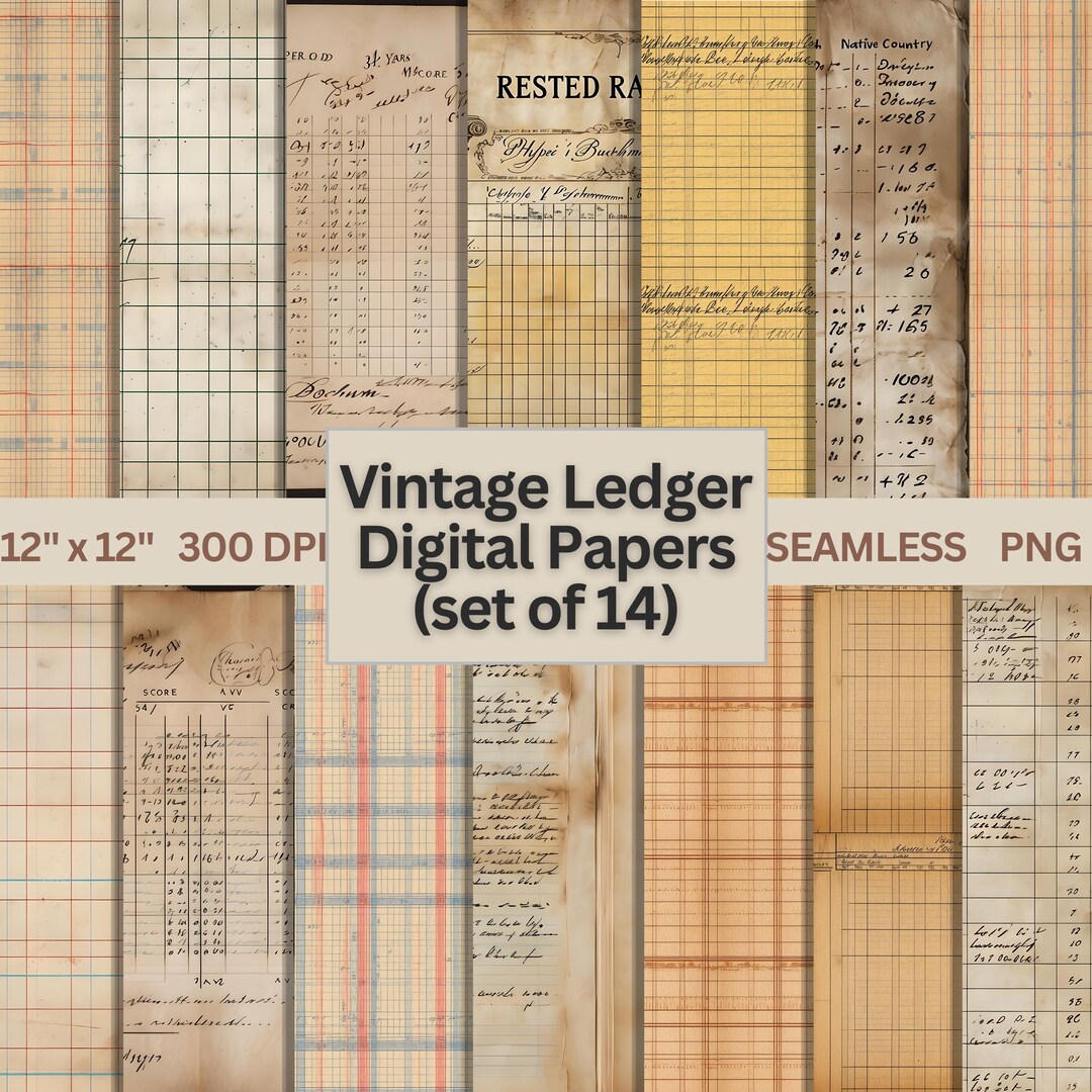 Vintage Ledger Digital Paper, Set of 14, Seamless Grunge Accounting ...