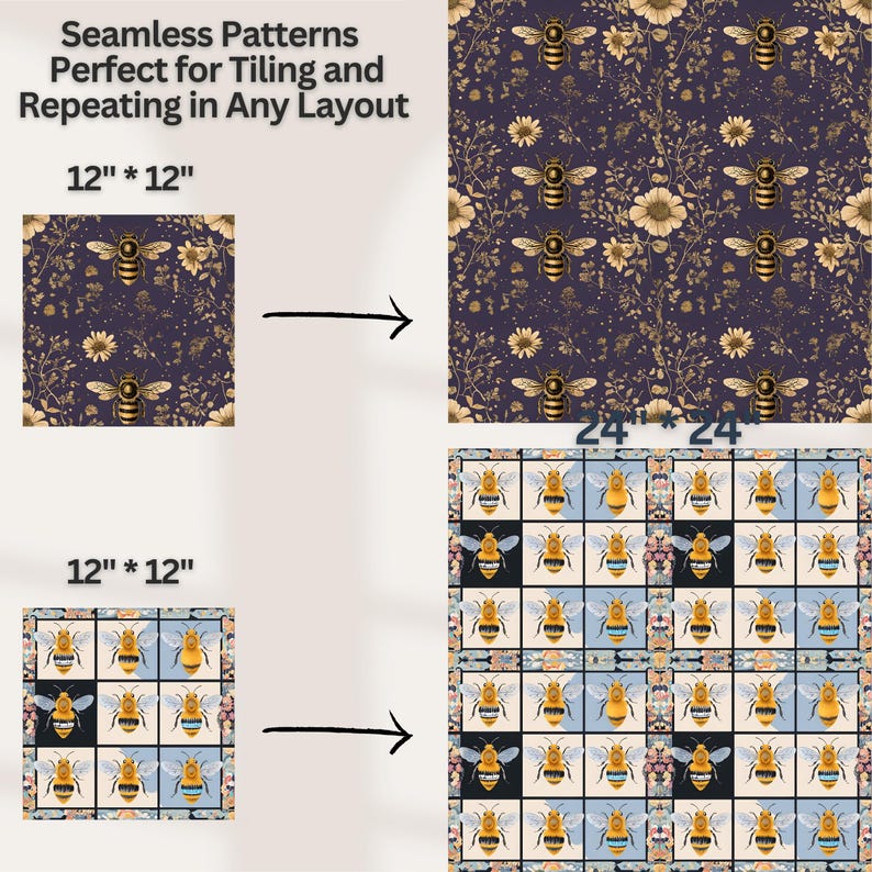 Bee Digital Paper Bundle, Seamless Honeybee Patterns, Floral ...