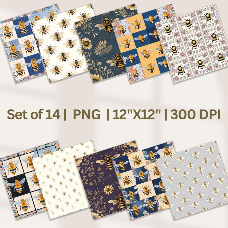 Bee Digital Paper Bundle, Seamless Honeybee Patterns, Floral ...